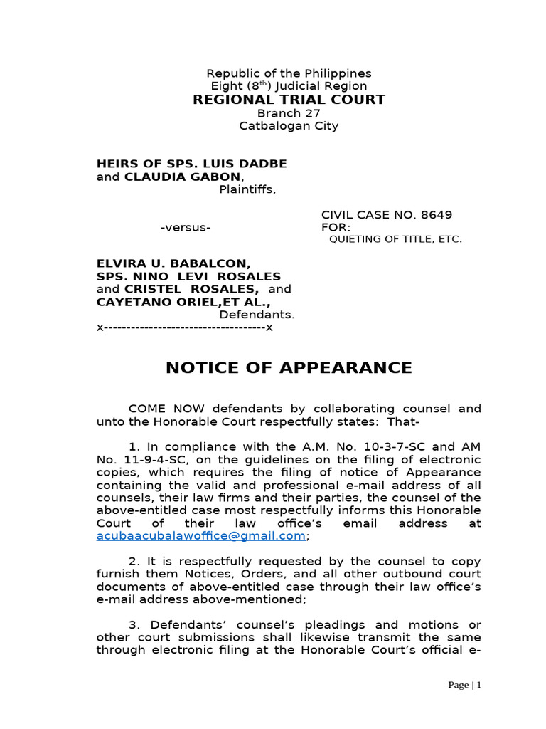 Notice of Appearance-Civil Case No. 8649 | PDF | Separation Of Powers ...