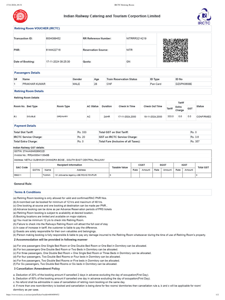 IRCTC Retiring Room | PDF | Dormitory | Taxation