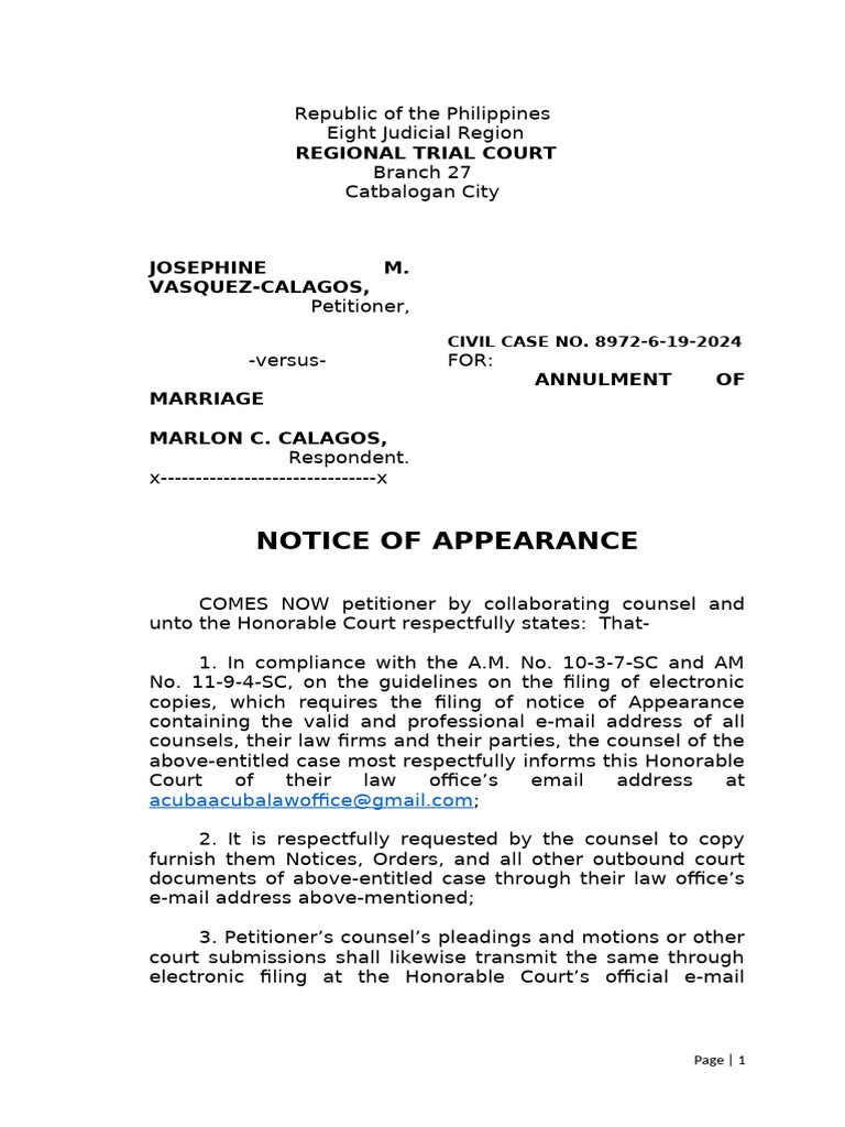 Notice of Appearance-Civil Case No. 8972 | PDF | Justice | Crime & Violence