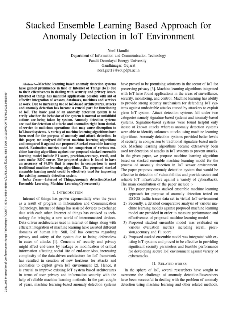 Stacked Ensemble Learning Based Approach For Anomaly Detection in IoT Environment | PDF ...