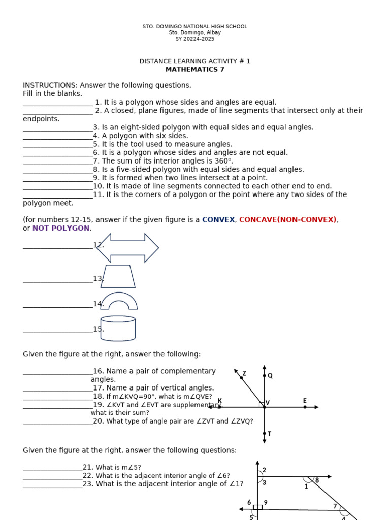 Math 7: Distance Learning Activity | PDF | Convex Set | Polygon