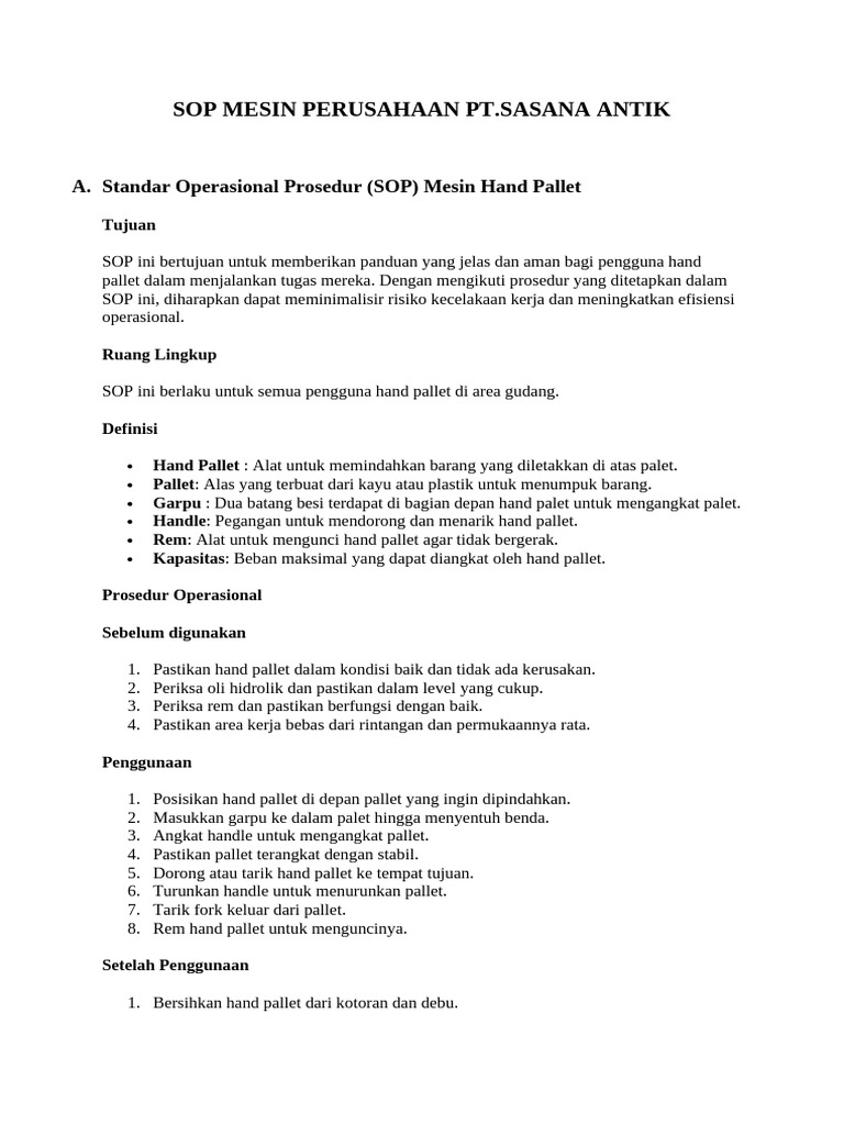 Sop Mesin Hand Pallet | PDF
