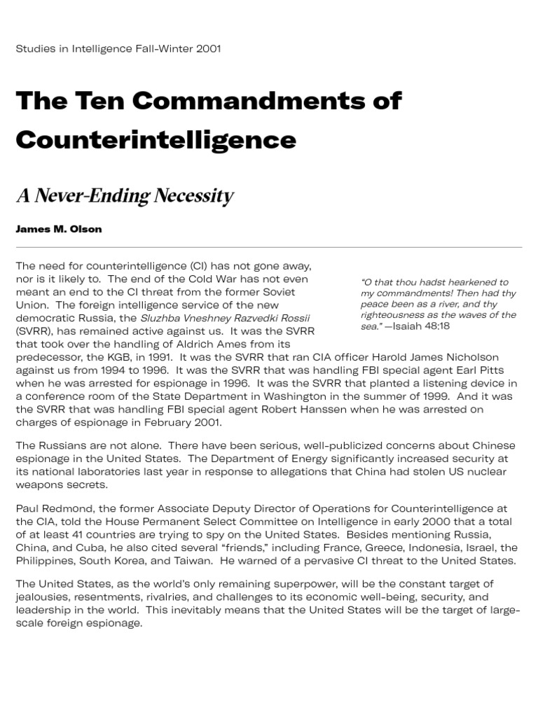 Ten Commandments of Counterintelligence | PDF | Counterintelligence | Espionage