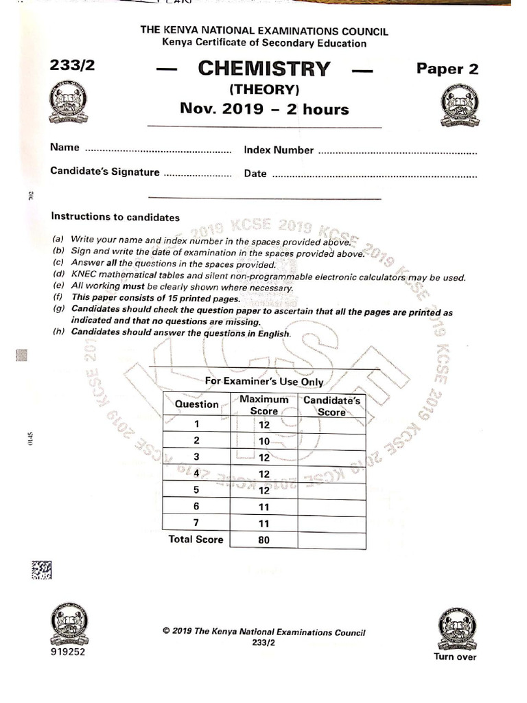 KCSE 2019 Chemistry Paper 2 Marking Scheme | PDF