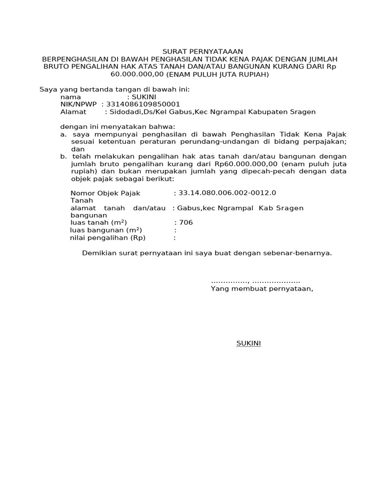 Surat Pernyataan Berpenghasilan Dibawah PTKP | PDF