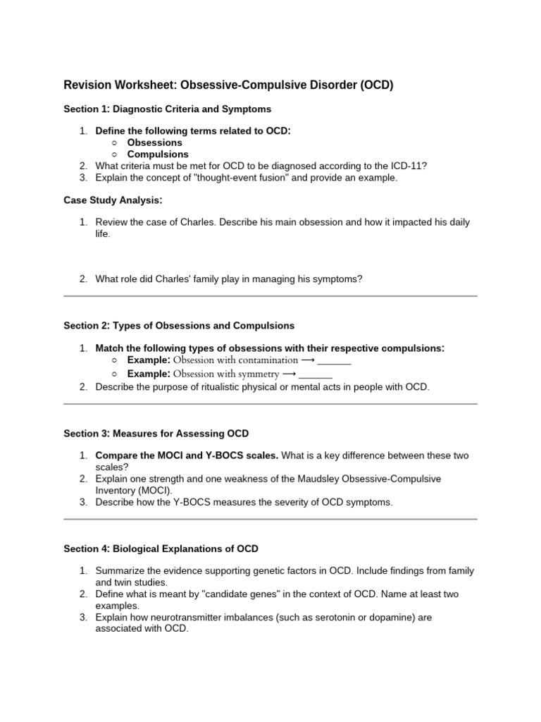Revision Worksheet - Obsessive-Compulsive Disorder (OCD) | PDF ...