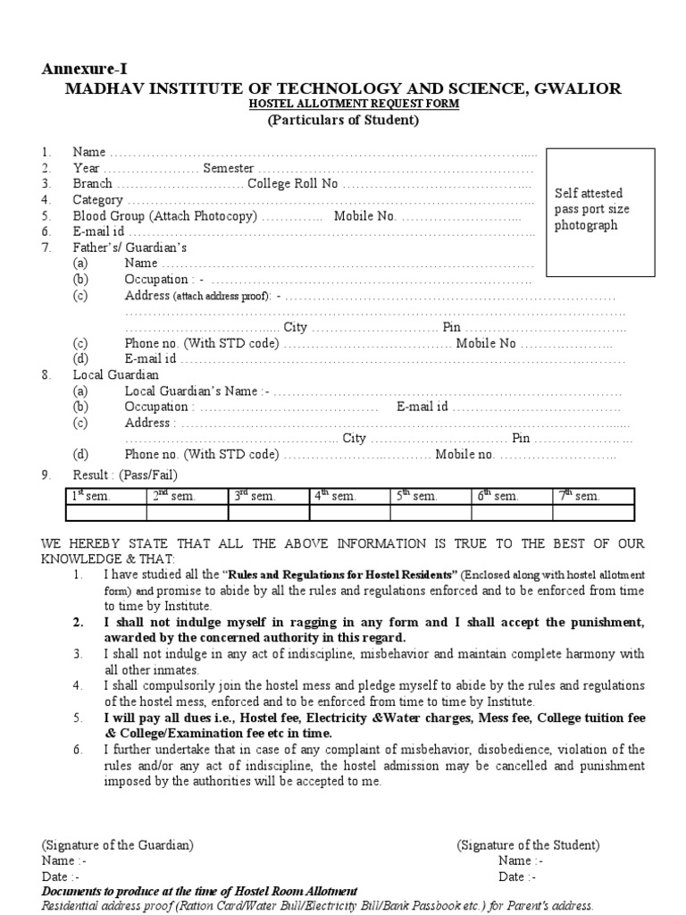 Hostel Form (Rules & Regulation) | PDF | Hostel | Academic Term