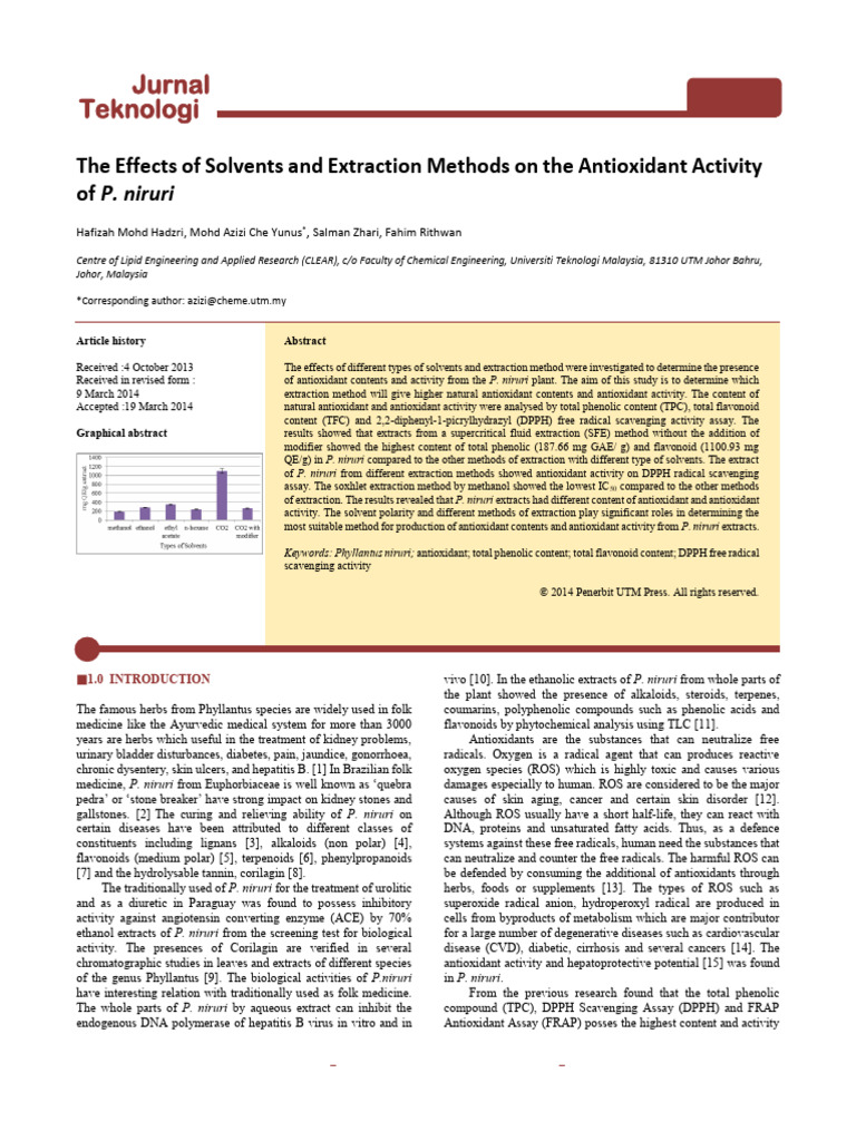 The Effects Of Solvents And Extraction Methods On The Antioxidant Activity Pdf Polyphenol