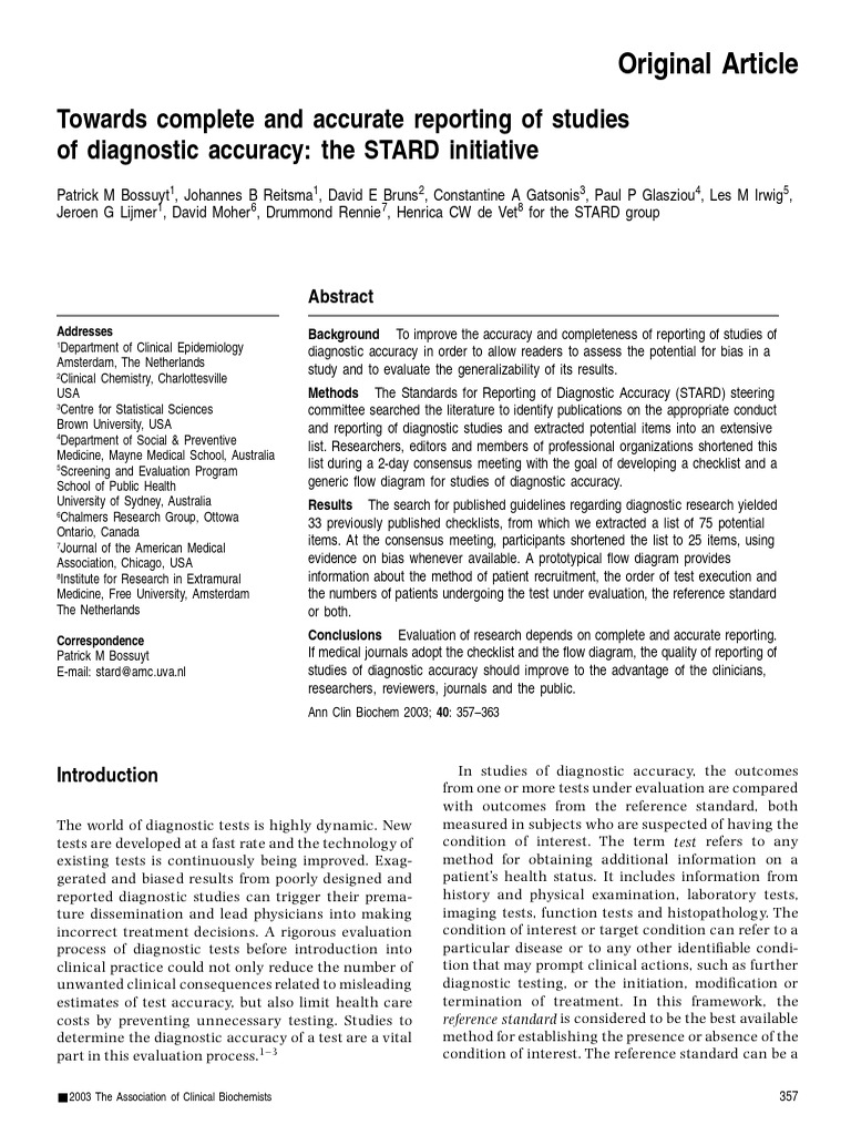 Bossuyt Et Al 2003 Towards Complete and Accurate Reporting of Studies ...