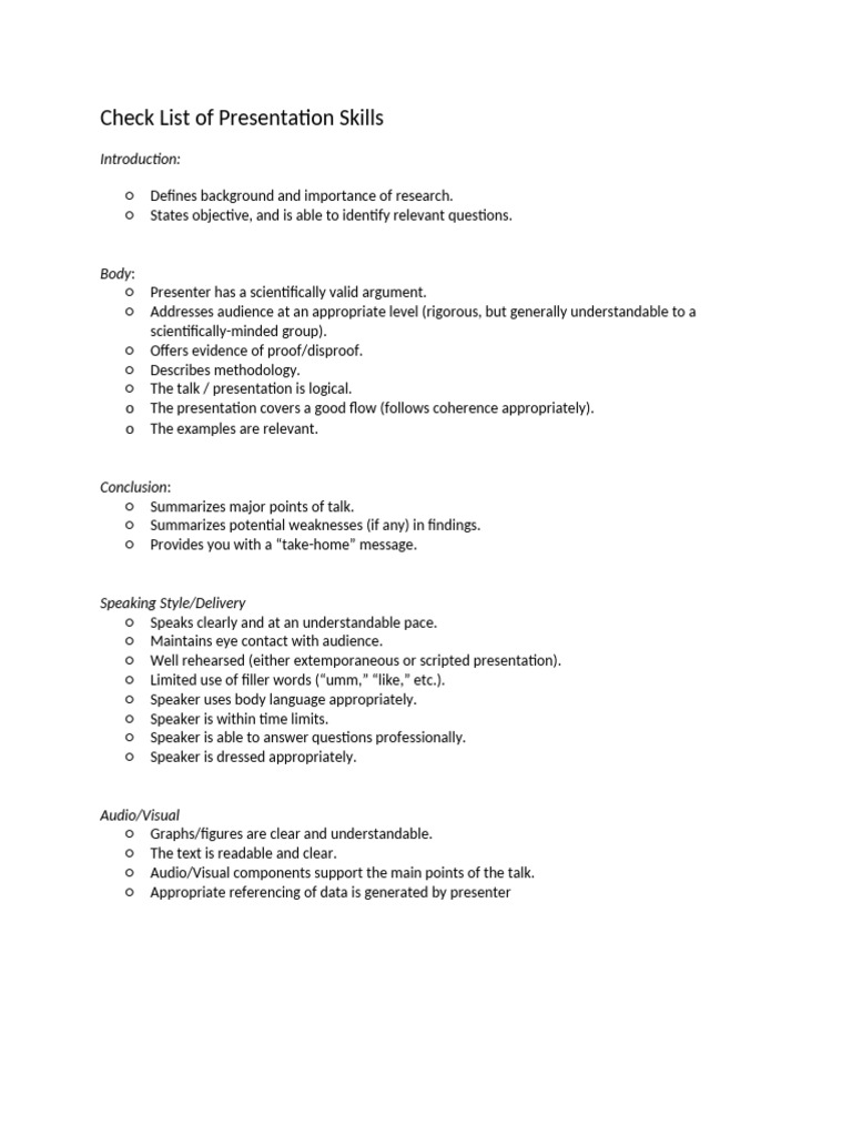 Check List of Presentation Skills | PDF | Foreign Language Studies