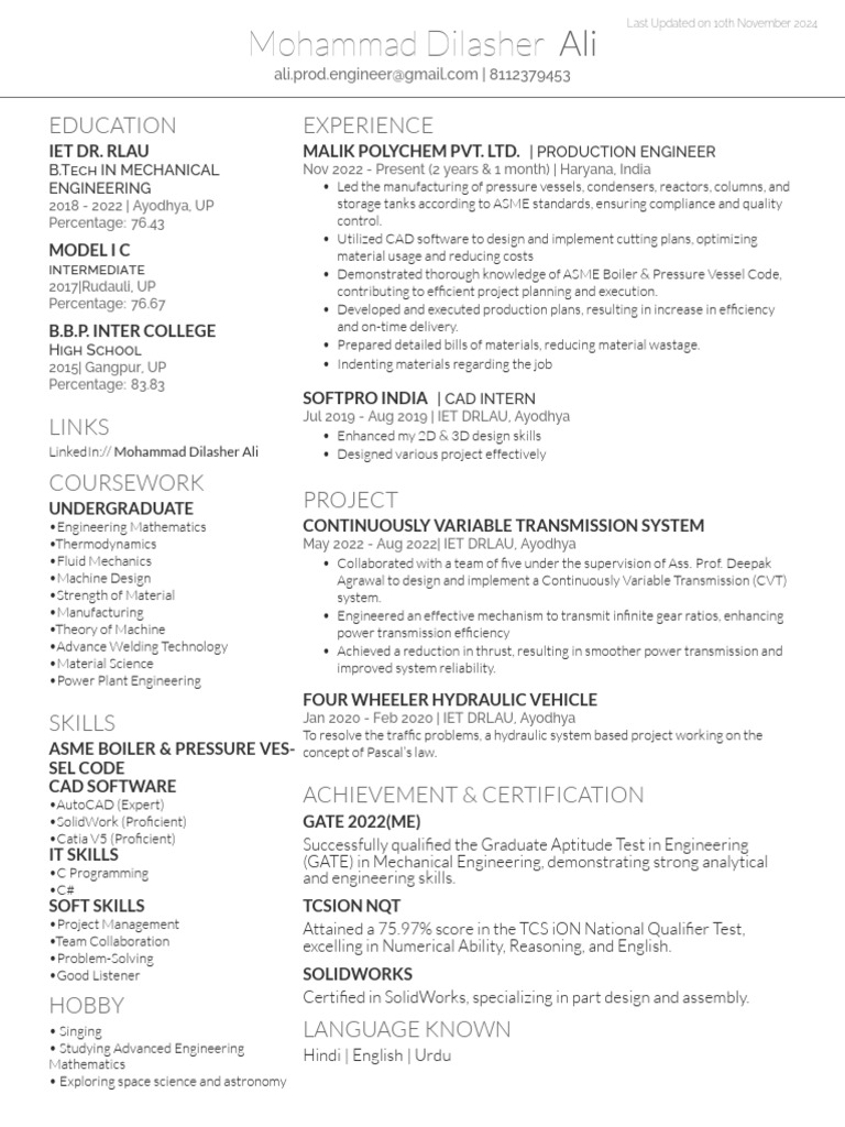 Ali Resume | PDF | Engineering | Mechanical Engineering