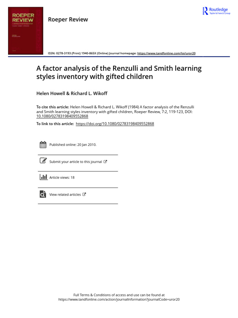 A Factor Analysis of The Renzulli and Smith Learning Styles Inventory ...
