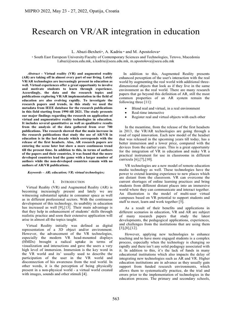 VR/AR in Education: Research Trends 1990-2021 | PDF | Augmented Reality ...