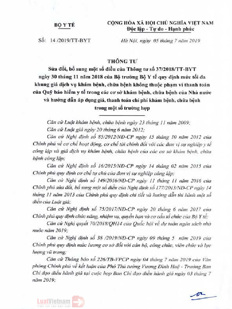 Thong Tu 14 2019 TT Byt Sua Doi Thong Tu 37 2018 Gia Toi Da Dich Vu ...