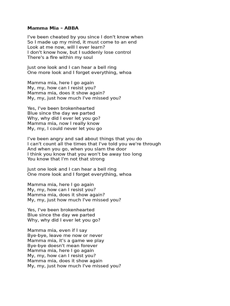 Mamma Mia Lyrics | PDF | Poetry