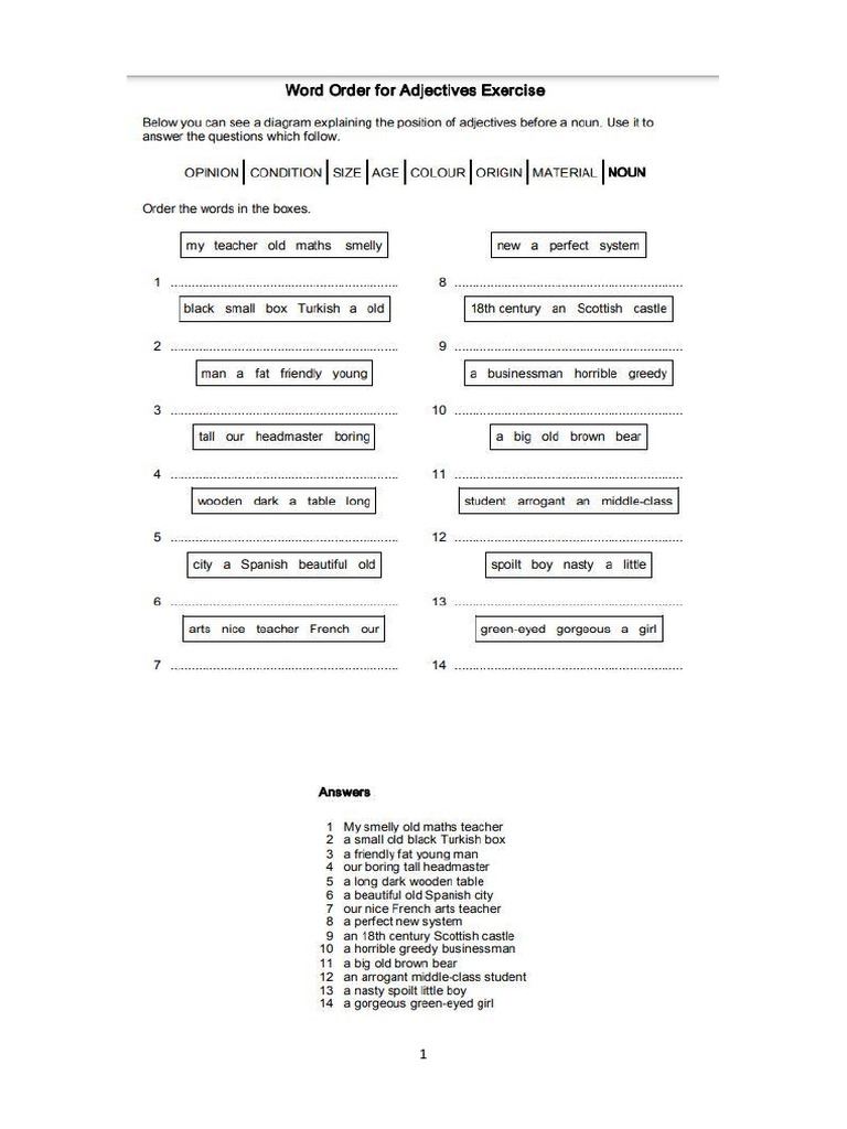 Adjectives ORDER Exercise 2 | PDF | Adjective | Noun