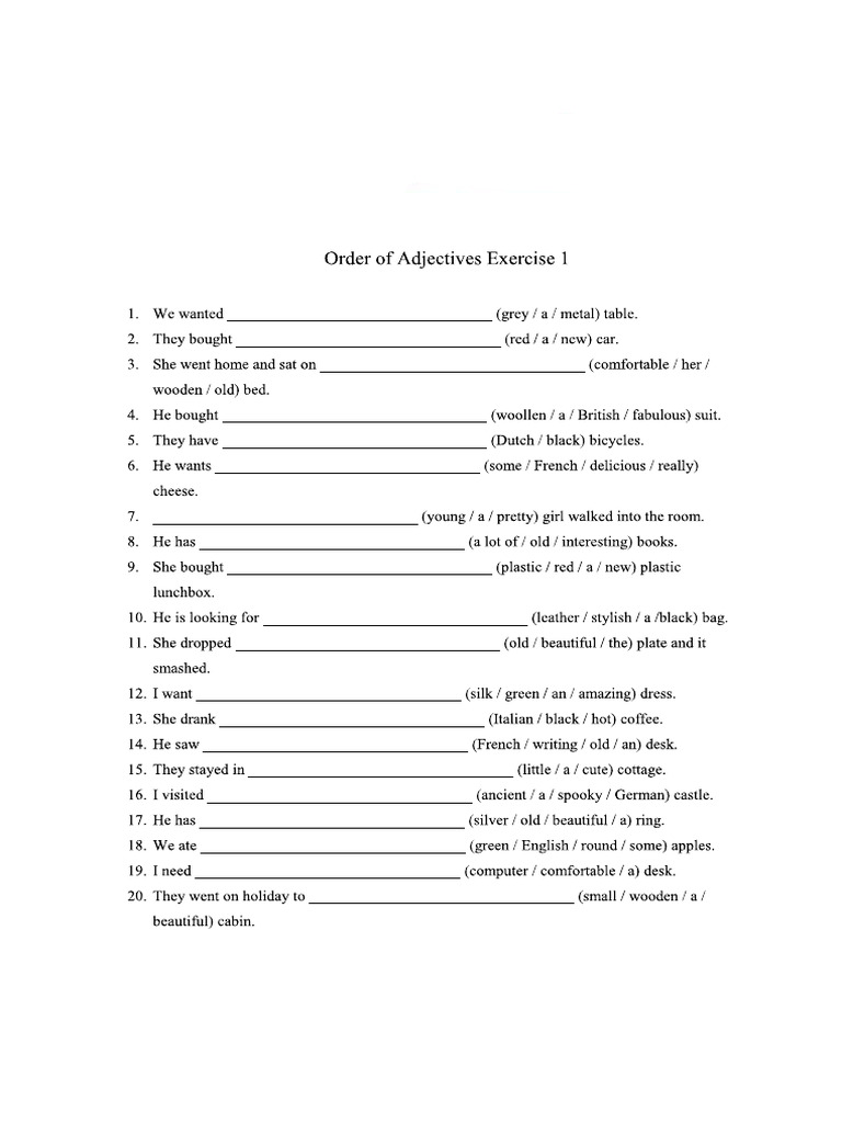 Adjectives ORDER Exercise 1 | PDF
