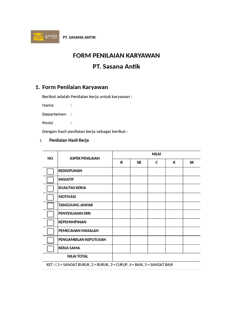 Form Penilaian Kinerja Karyawan | PDF