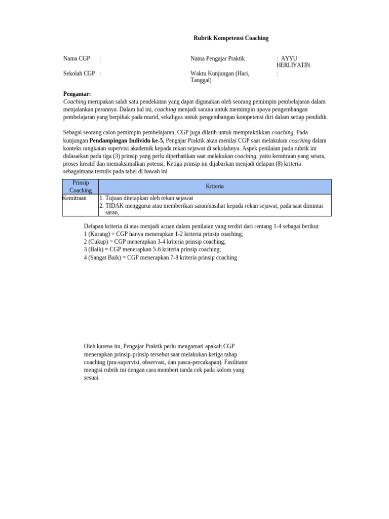 Rubrik Kompetensi Coaching | PDF