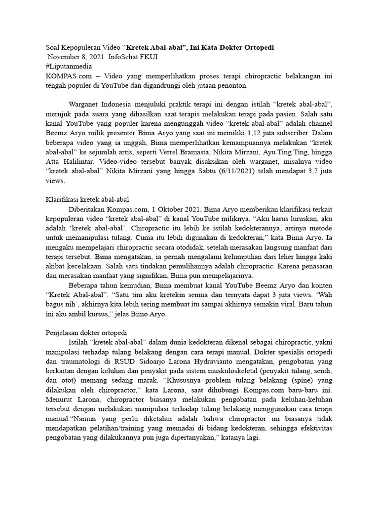 Soal Kepopuleran Video "Kretek Abal-Abal", Ini Kata Dokter Ortopedi | PDF