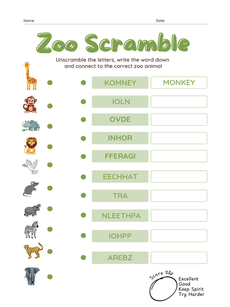Green Zoo Word Scramble Worksheet | PDF