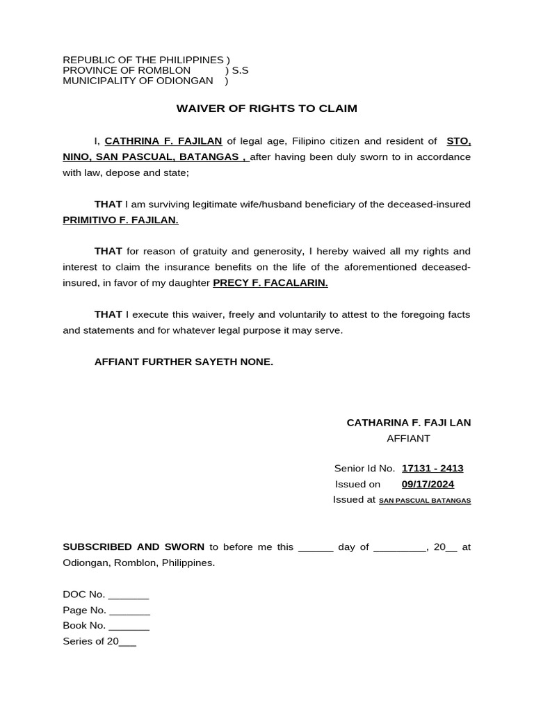 Waiver of Rights To Claim (Tatay Winnie Docs) - 073323 | PDF