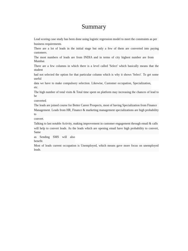 Summary Lead Scoring | PDF