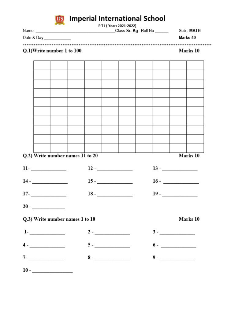 Math Worksheet for Sr. Kg Students | PDF