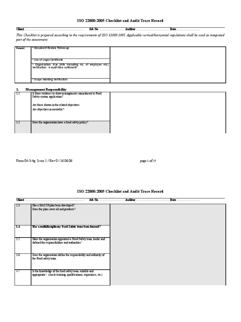Checklist ISO 22000 | Audit | Verification And Validation