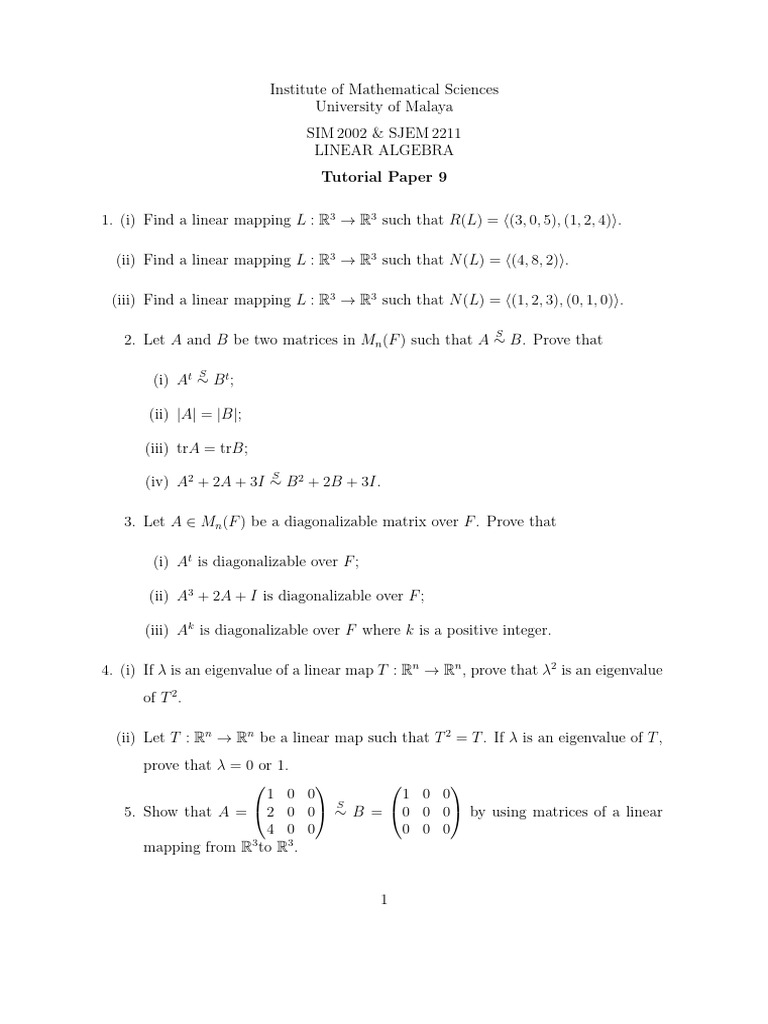 Linear Algebra Tutorial Paper 9 | PDF