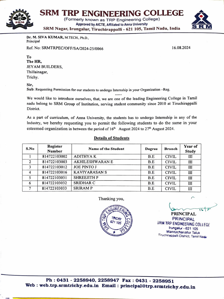 Internship Request for SRM Students | PDF