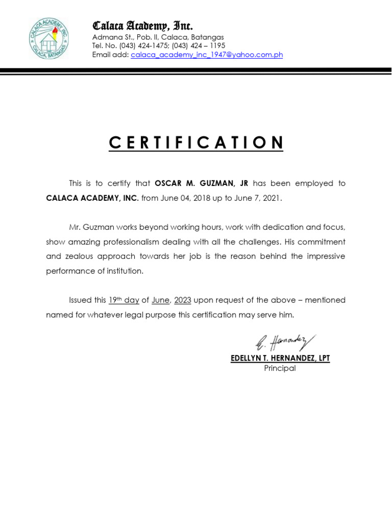 CAI Cert of Employment | PDF
