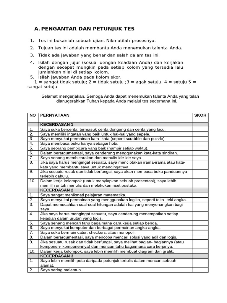 Instrumen Tes Talenta Kecerdasan Majemuk | PDF | Seni & Disiplin Bahasa ...