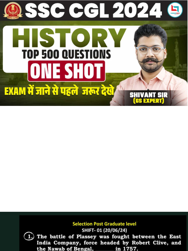 SSC HISTORY Top 500 Question by Shivant Sir (01 Sep) | PDF