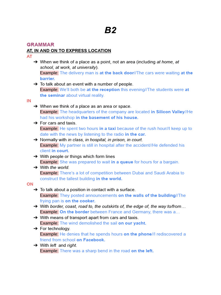 Grammar: At, in and On To Express Location | PDF