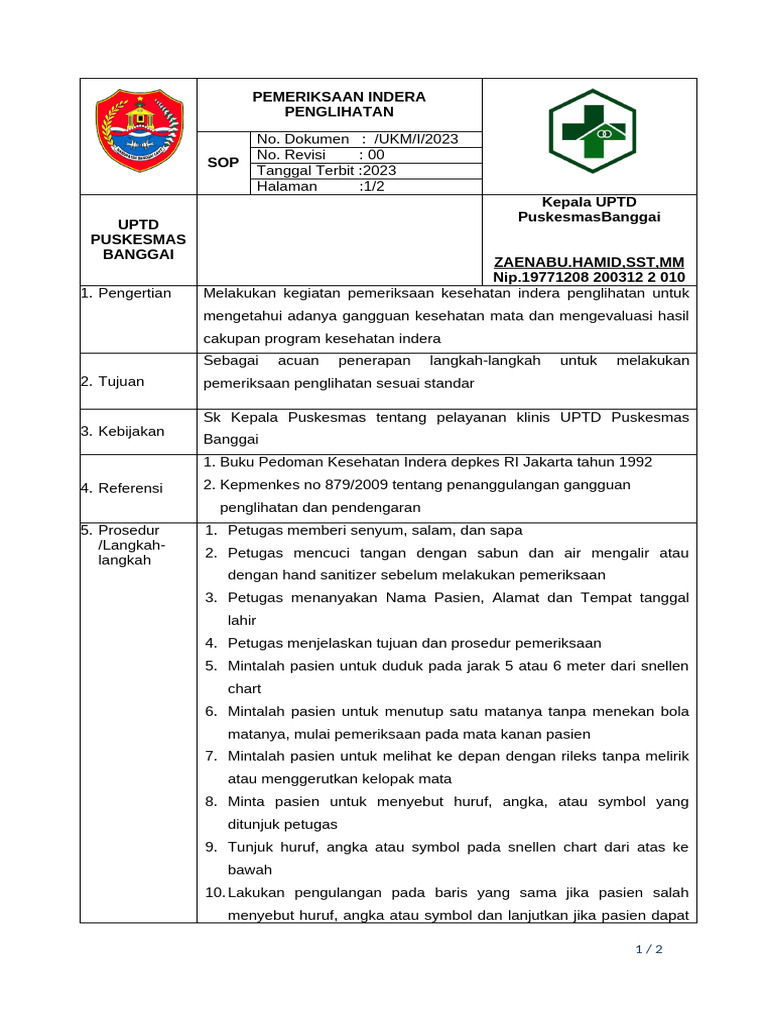Sop Pemeriksaan Indera Penglihatan | PDF