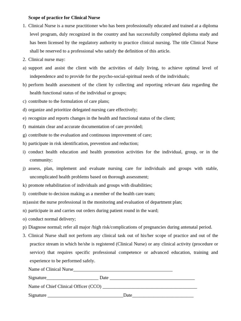 Scope of Practice For Clinical Nurse | PDF | Nursing | Medicine