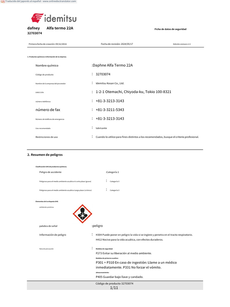 Ficha de Seguridad Alfa Termo 22A | PDF