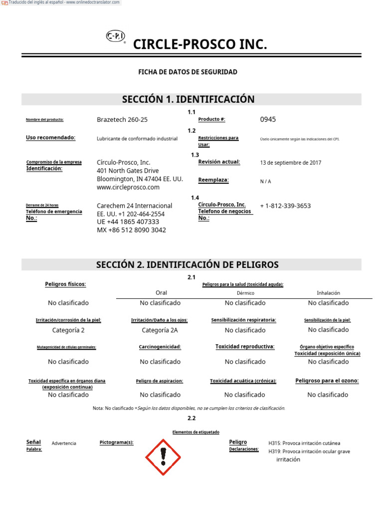 Circle Prosco Brazetech 260-Español | PDF | Administración de Seguridad y Salud Ocupacional | Agua