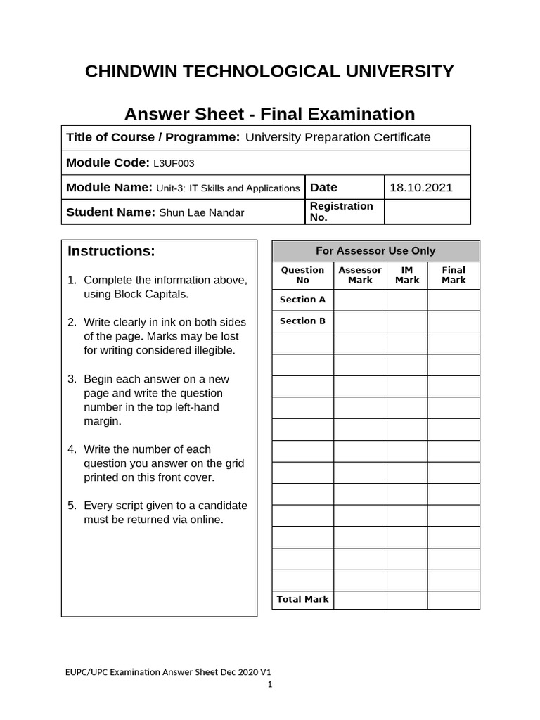 IT Skills and Application - Exam - Answer Sheet (18!10!21) | PDF | Input/Output | Computer Hardware