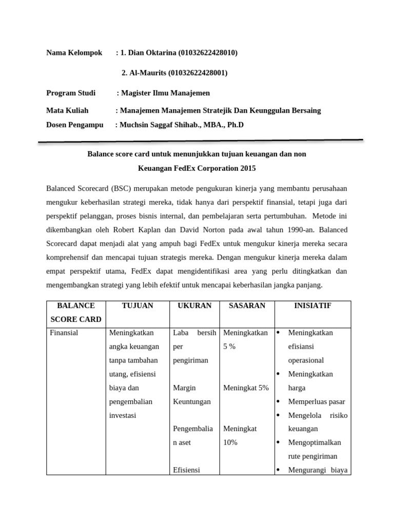 KEL 4 - Balance Score Card FedEx Corporation | PDF