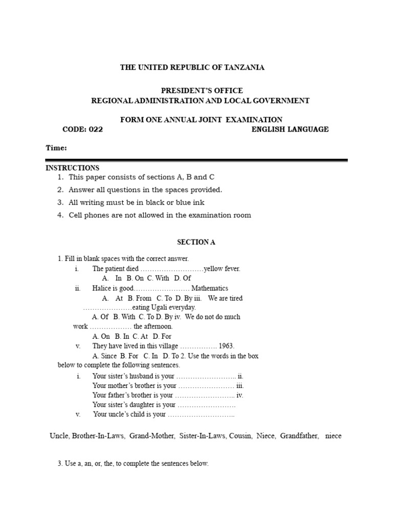 Form One English Language Exam 2024 | PDF | Word | Grammar