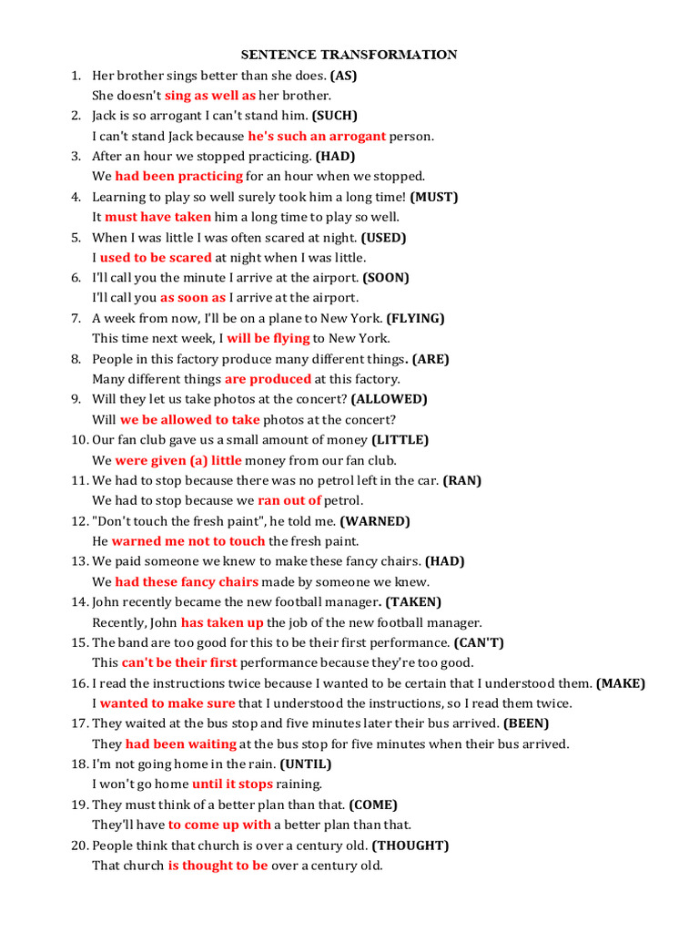 b1 Sentence Transformation-1 Key | PDF