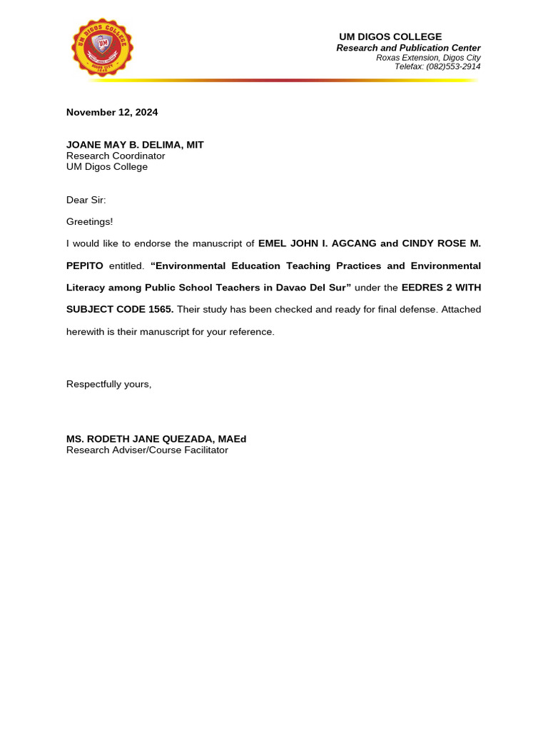 Endorsement of Research Manuscript | PDF