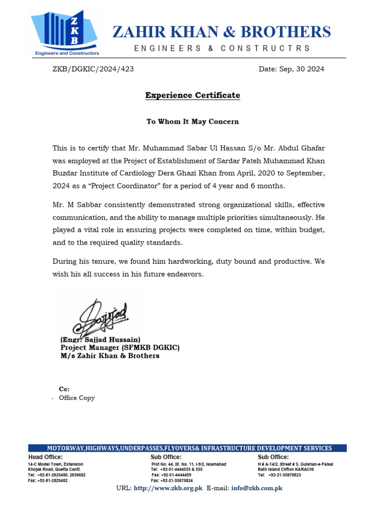 Sabar Experience Letter I ZKB I PC I April 20 - Sep 24 | PDF