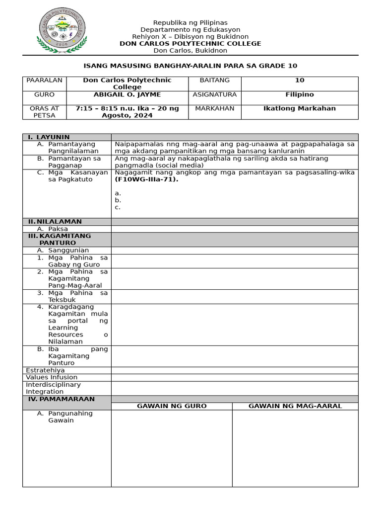 DLP G10 FILIPINO 2nd Q | PDF