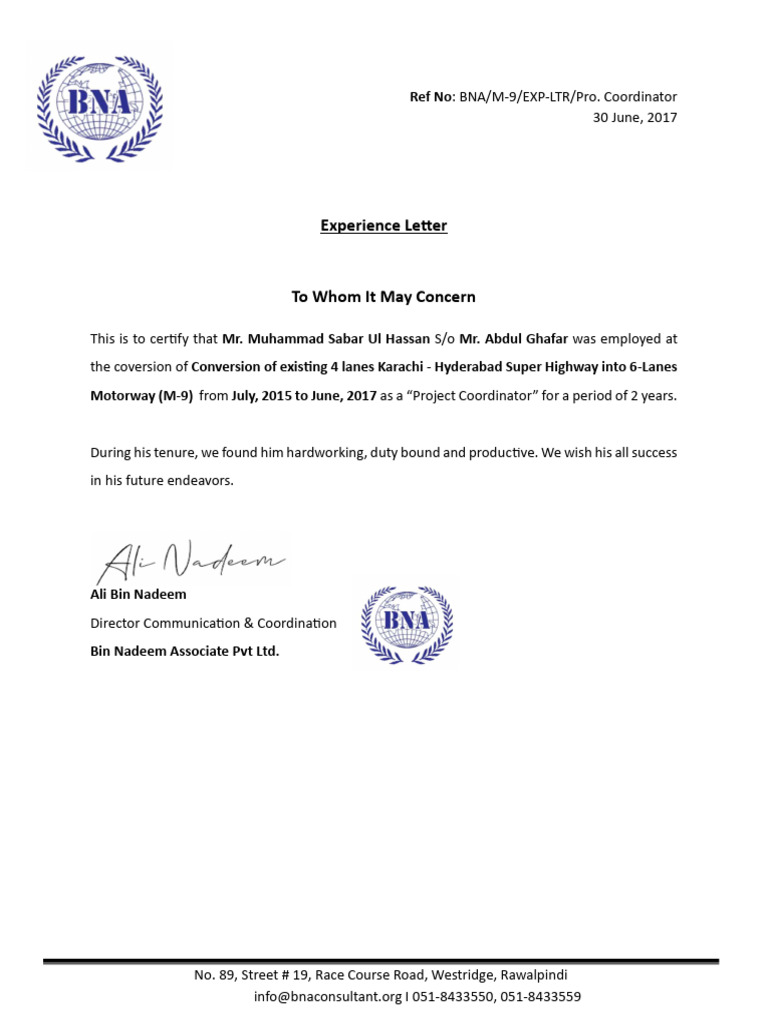 Sabar Experience Letter I BNA I PC I Jul-15 To Jun 17 | PDF | Career ...