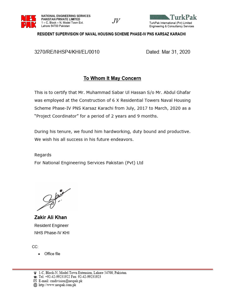 Sabar Experience Letter I NESPAK I PC I July 17 - Mar 20 | PDF | Technology & Engineering