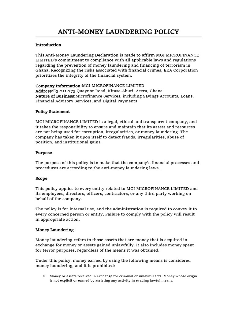 MGI Microfinance Anti-Money Laundering Policy | PDF | Money Laundering ...