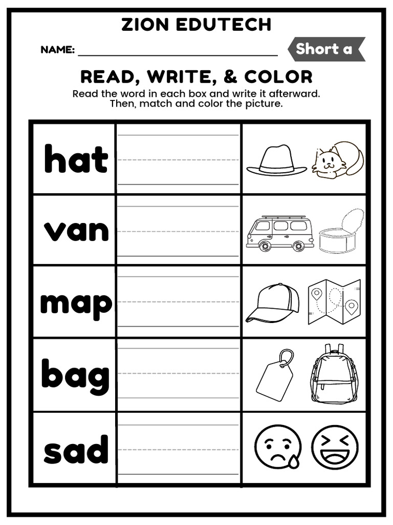 Read Write and Color Short A CVC Words Worksheet | PDF